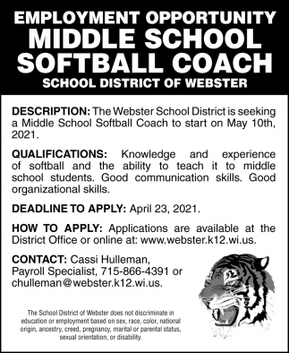 Middle School Softball Coach, Webster School District, Webster, WI