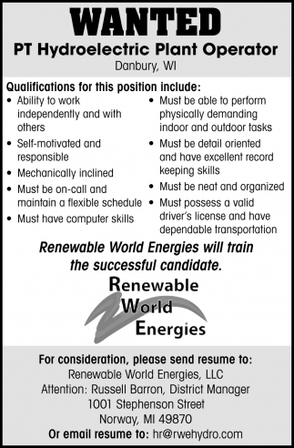 PT Hydroelectric Plant Operator, Renewable World Energies, LLC, Norway, MI