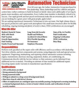 Automotive Technician, John Hirsch's Cambridge Motors, Cambridge, MN