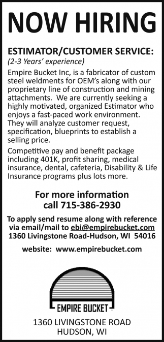 Estimator/Customer Service, Empire Bucket, Hudson, WI