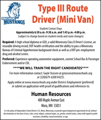 Type III Route Driver, Mora Mustangs, Mora, MN