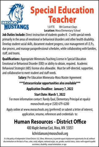Special Education Teacher, Mora Mustangs, Mora, MN