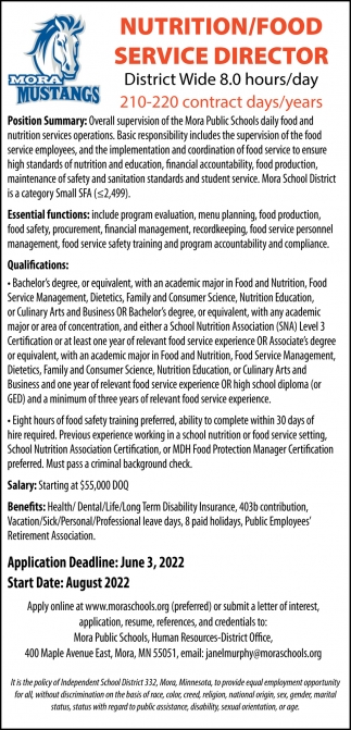 Nutrition/Food Service Director, Mora Mustangs, Mora, MN