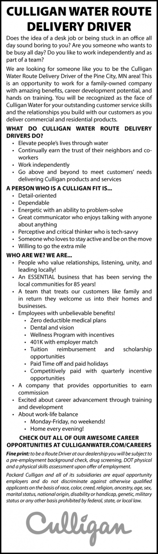 Water Route Delivery Driver, Culligan, Pine City, MN