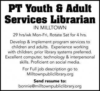 PT Youth & Adult Services Librarian, Milltown Public Library, Milltown, NJ