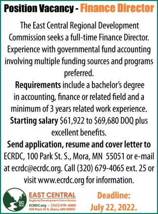 Finance Director, East Central Regional Development Commission, Mora, MN