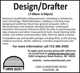 Design/Drafter, Empire Bucket, Hudson, WI