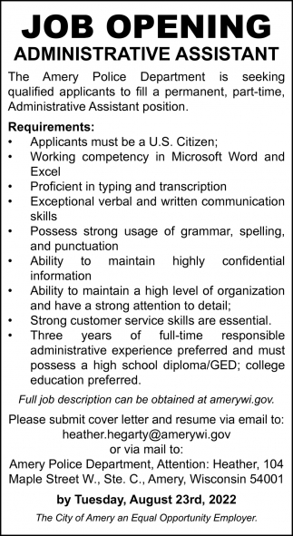 Administrative Assistant, Amery Police Department, Amery, WI
