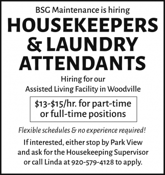 Housekeeping & Laundry Attendants, BSG Maintenance, Stevens Point, WI