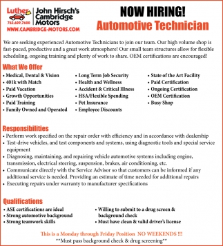 Automotive Technician, John Hirsch's Cambridge Motors, Cambridge, MN