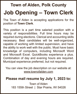 Town Clerk, Town of Alden, Star Prairie, WI