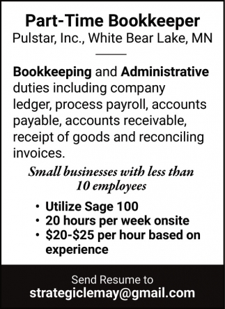 Part Time Bookkeeper, Pulstar, Halifax, PA