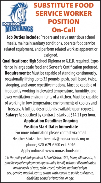 Substitute Food Service Worker, Mora Mustangs, Mora, MN