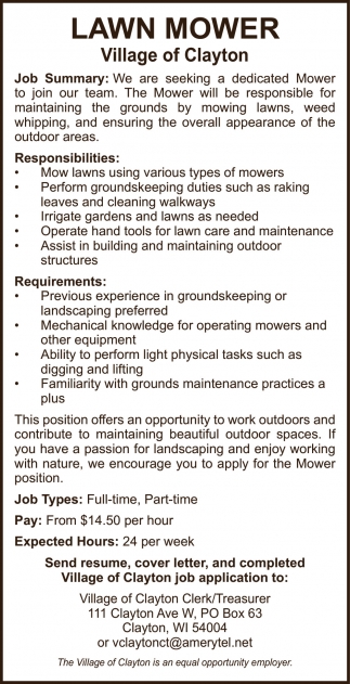 Lawn Mower, The Village Of Clayton, Clayton, WI