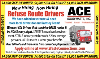 Refuse Route Drivers, Ace Solid Waste, Inc